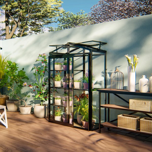 Korkea minikasvihuone V-katto | 4mm turvalasi | Musta | Osta Outl1:stä