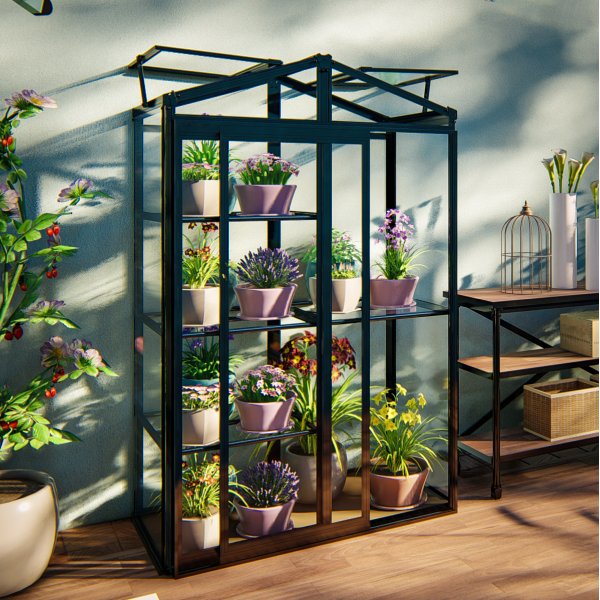 Korkea minikasvihuone V-katto | 4mm turvalasi | Musta | Osta Outl1:stä